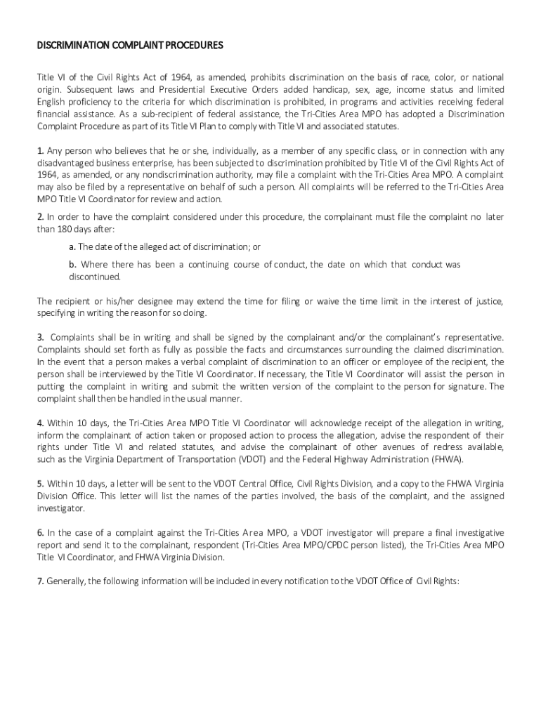 Fillable Online Title VI Civil Rights Discrimination Complaint ...