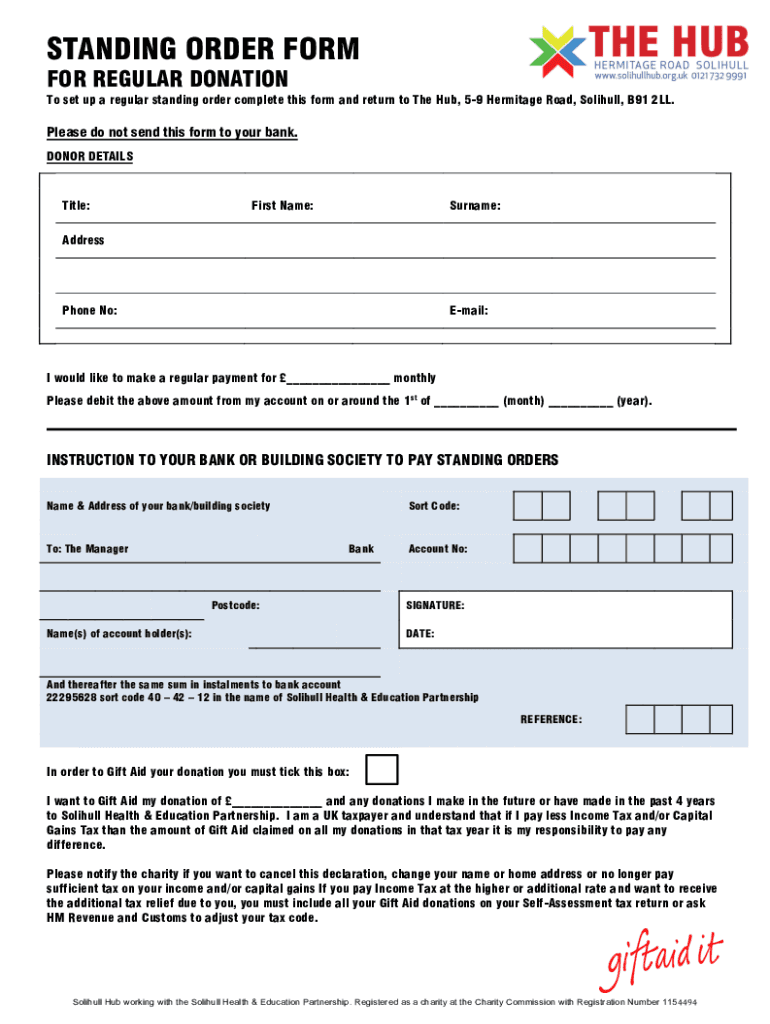 Fillable Online 10+ Charity Standing Order Form Templates in PDFDOC ...