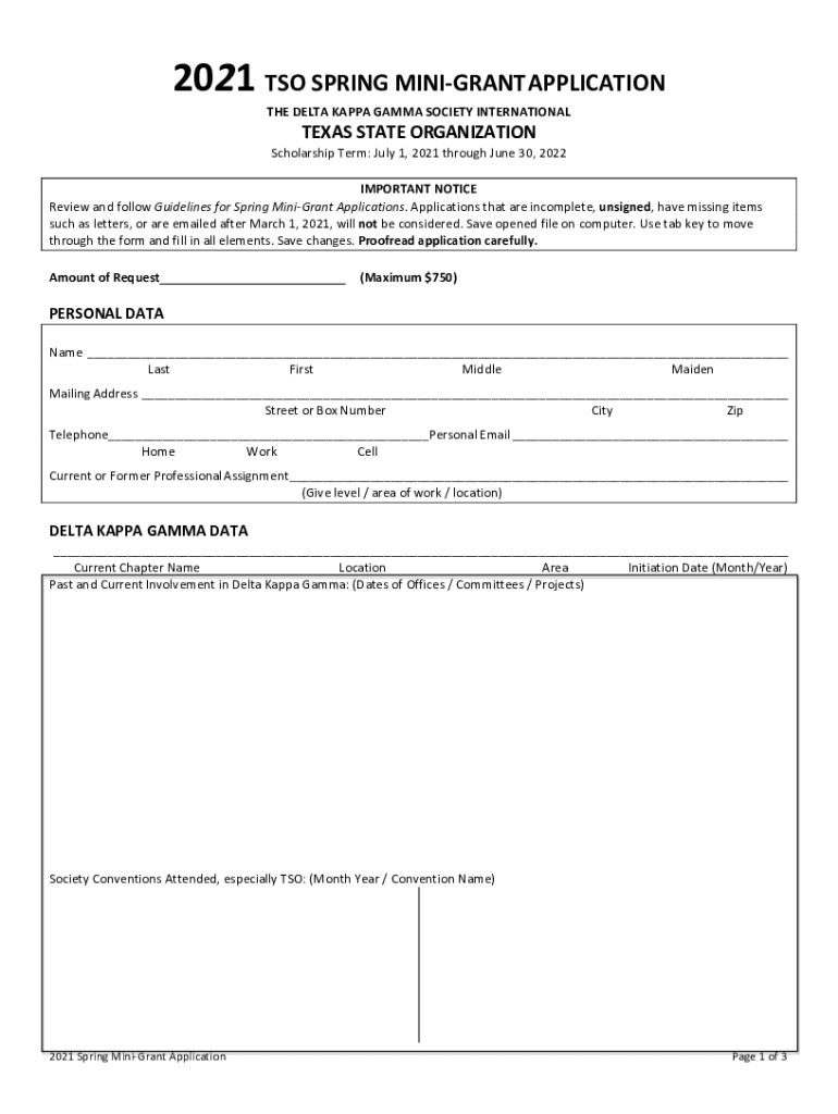 Fillable Online 2021 TSO SPRING MINI-GRANT APPLICATION - DKGTexas Fax ...