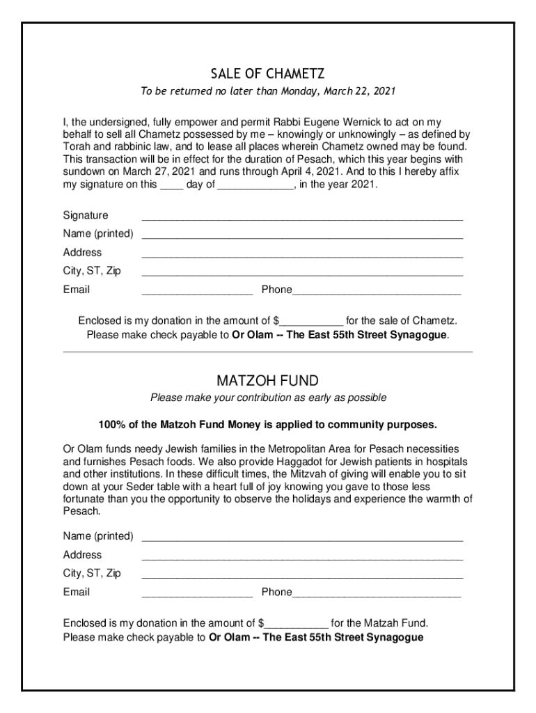 Fillable Online SALE OF CHAMETZ - East 55 Fax Email Print - pdfFiller