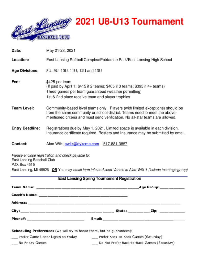Fillable Online 2021 EL Spring U8-U13 Tournament - East Lansing ...