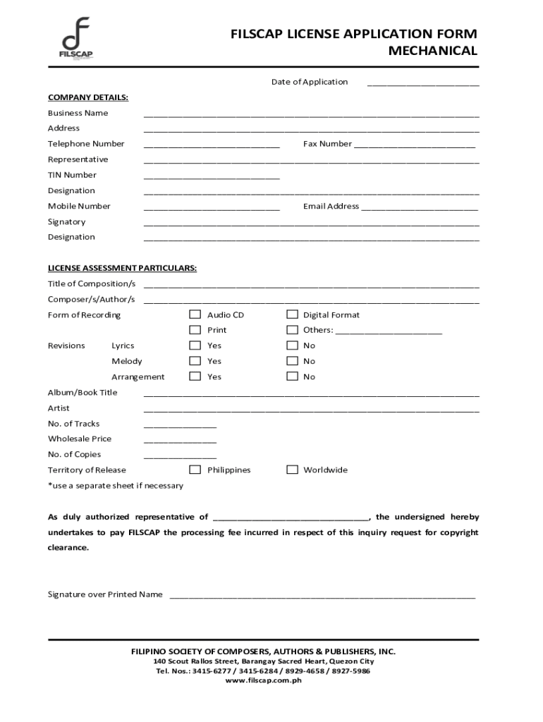 Fillable Online FILSCAP LICENSE APPLICATION FORM HOTEL / MOTEL / INN ...
