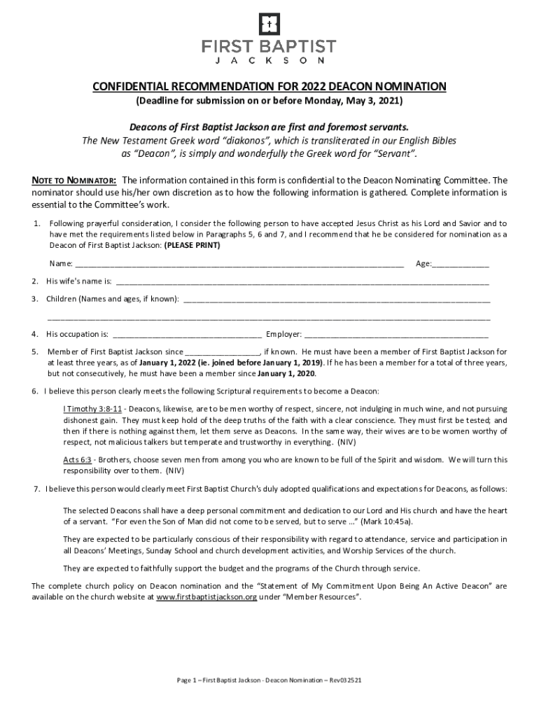 Fillable Online New Deacon Nomination Form - fbcsa.org Fax Email Print ...