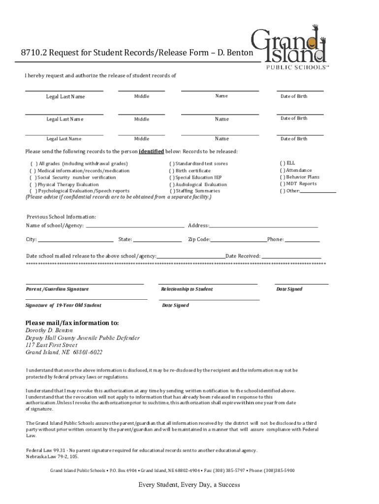 Fillable Online Authorization To Release School Records Form - Fill Out ...