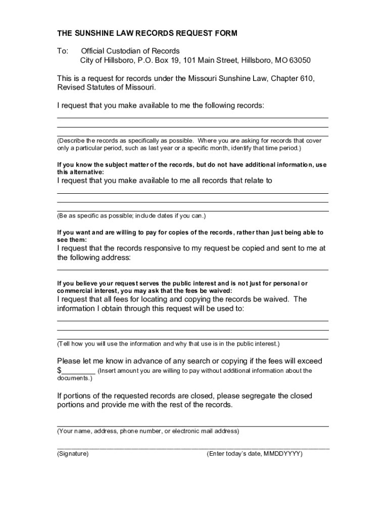 Fillable Online THE SUNSHINE LAW RECORDS REQUEST FORM Fax Email Print ...
