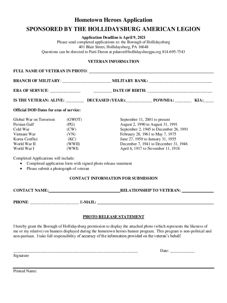 Fillable Online Hometown Heroes Application SPONSORED BY THE ...