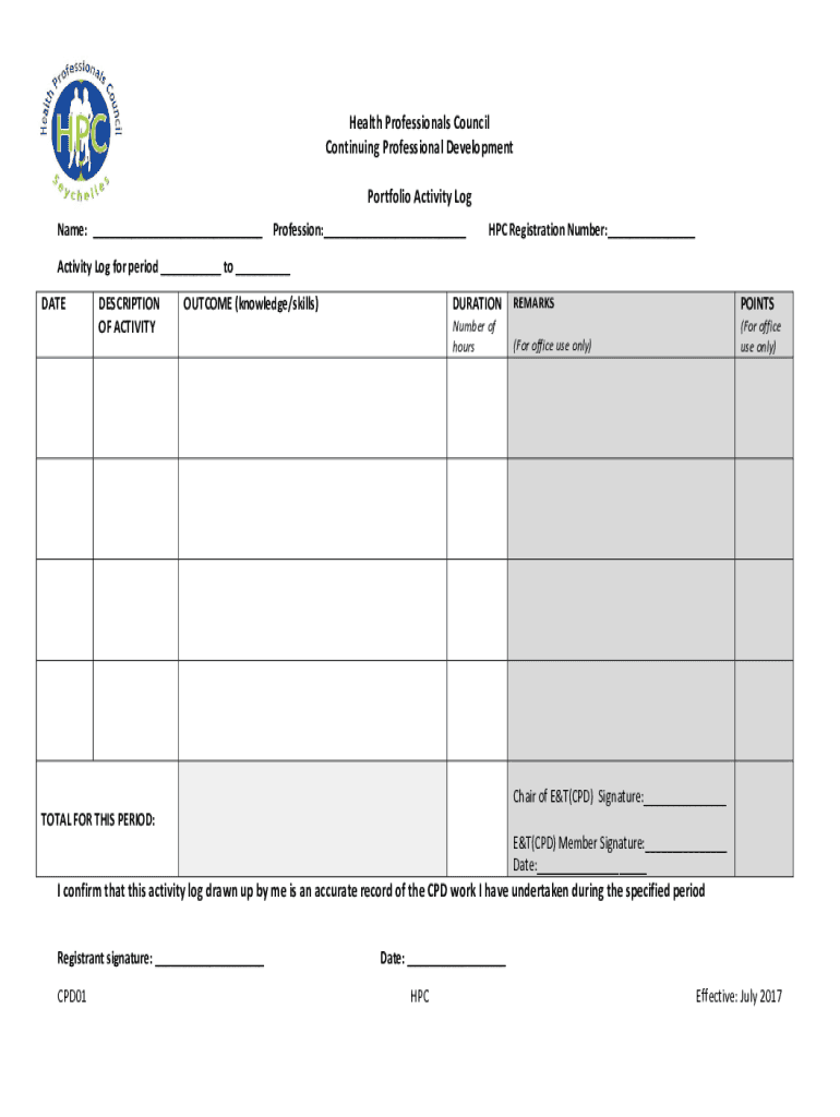 Fillable Online HPC-F016-SOP-006 CPD Portfolio Log Form Fax Email Print - pdfFiller