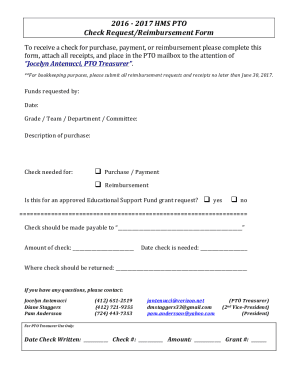 Fillable Online 2016 - 2017 HMS PTO Check Request/Reimbursement Form ...