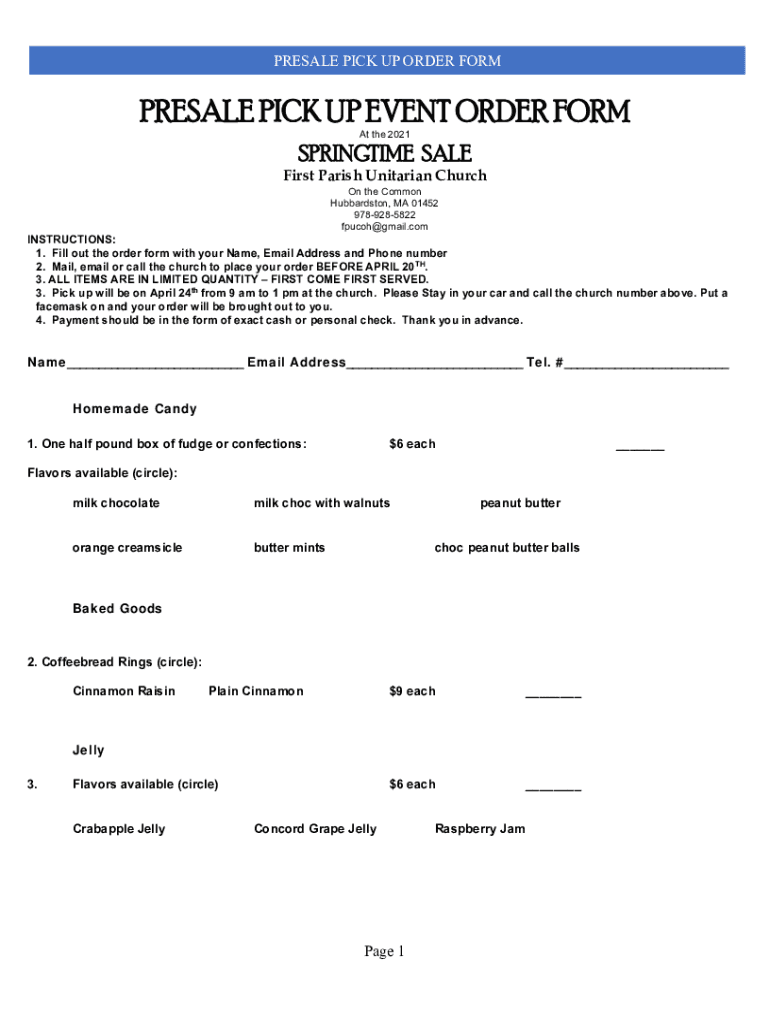 Fillable Online 2021 SPRING PREORDER PICK UP ORDER FORM Fax Email Print ...