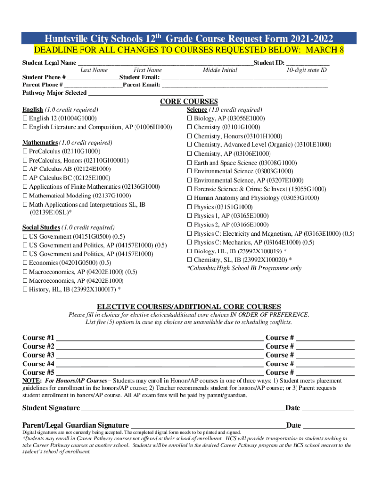 Fillable Online Huntsville City Schools 12thGrade Course Request Form 2021-2022. Huntsville City ...