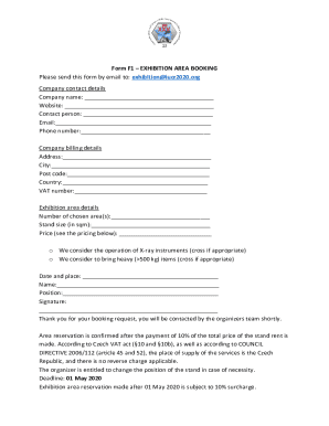 Fillable Online Form F1 EXHIBITION AREA BOOKING exhibitioniucr2020 Fax ...