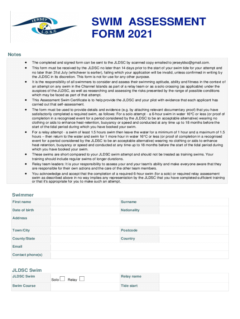 Fillable Online Assessment Swim Form - About Us Fax Email Print - pdfFiller