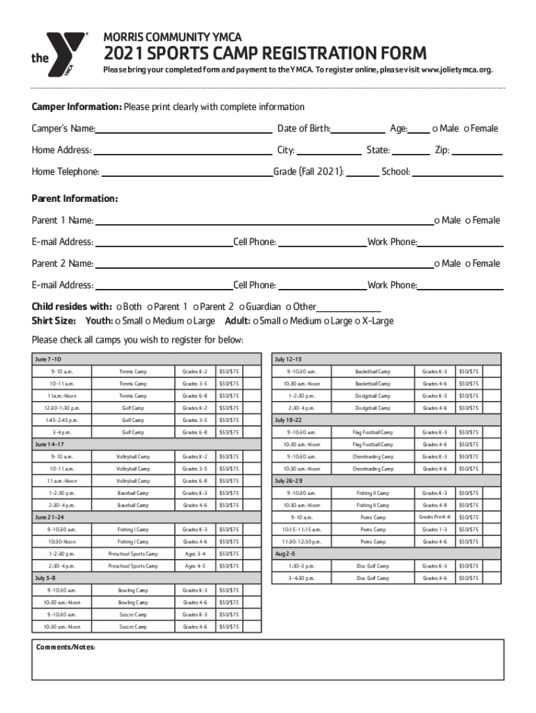 Fillable Online MORRIS COMMUNITY YMCA 2021 SUMMER DAY CAMP REGISTRATION ...