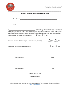 Fillable Online Advance Directive Acknowledgement Form Fax Email Print ...