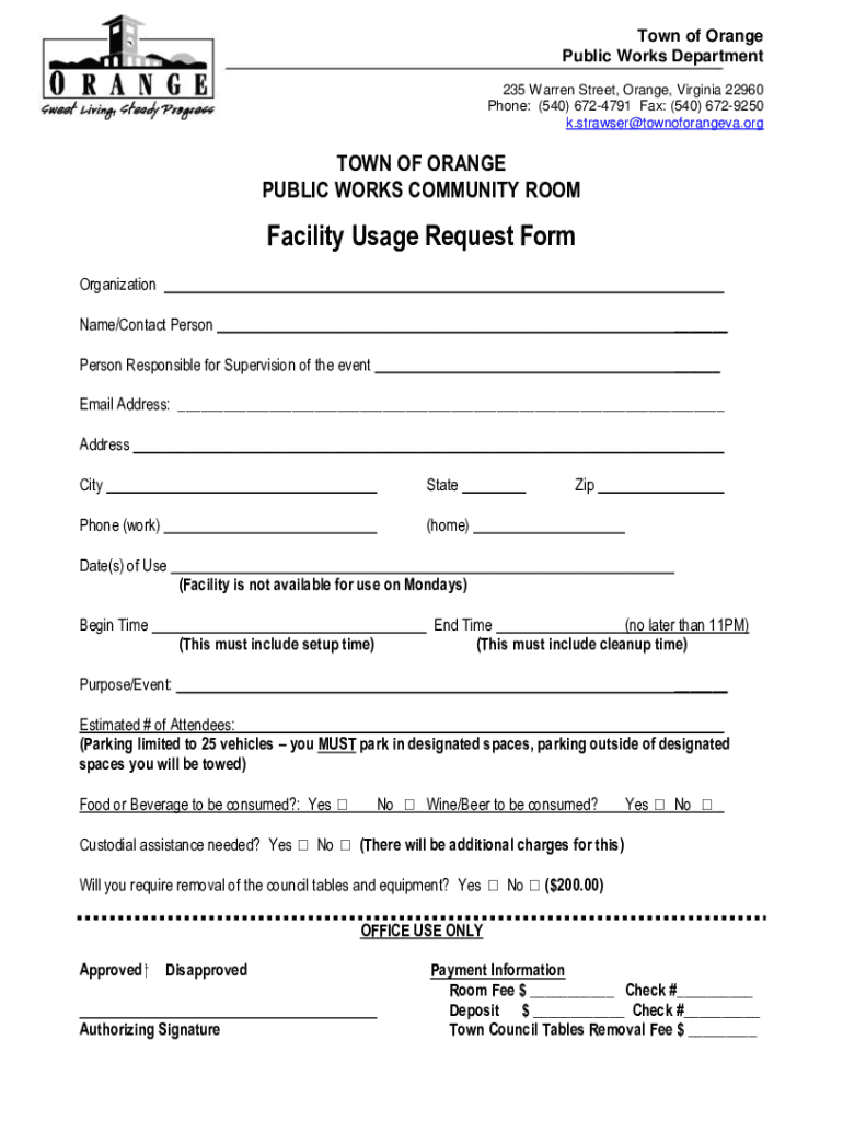 Fillable Online Fillable Online townoforangeva Facility Usage Request ...