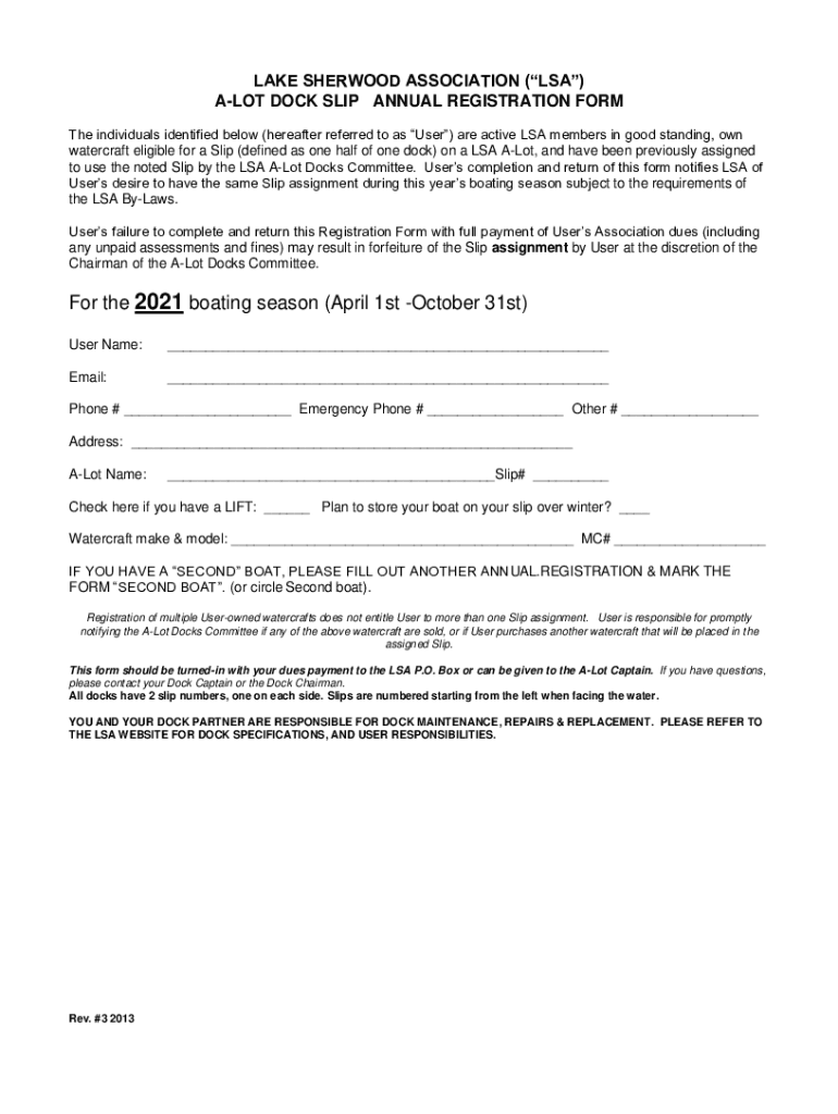 Fillable Online A-LOT DOCK SLIP ANNUAL REGISTRATION FORM - Lake ...