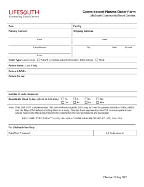 Fillable Online Convalescent Plasma Order Form Fax Email Print - pdfFiller