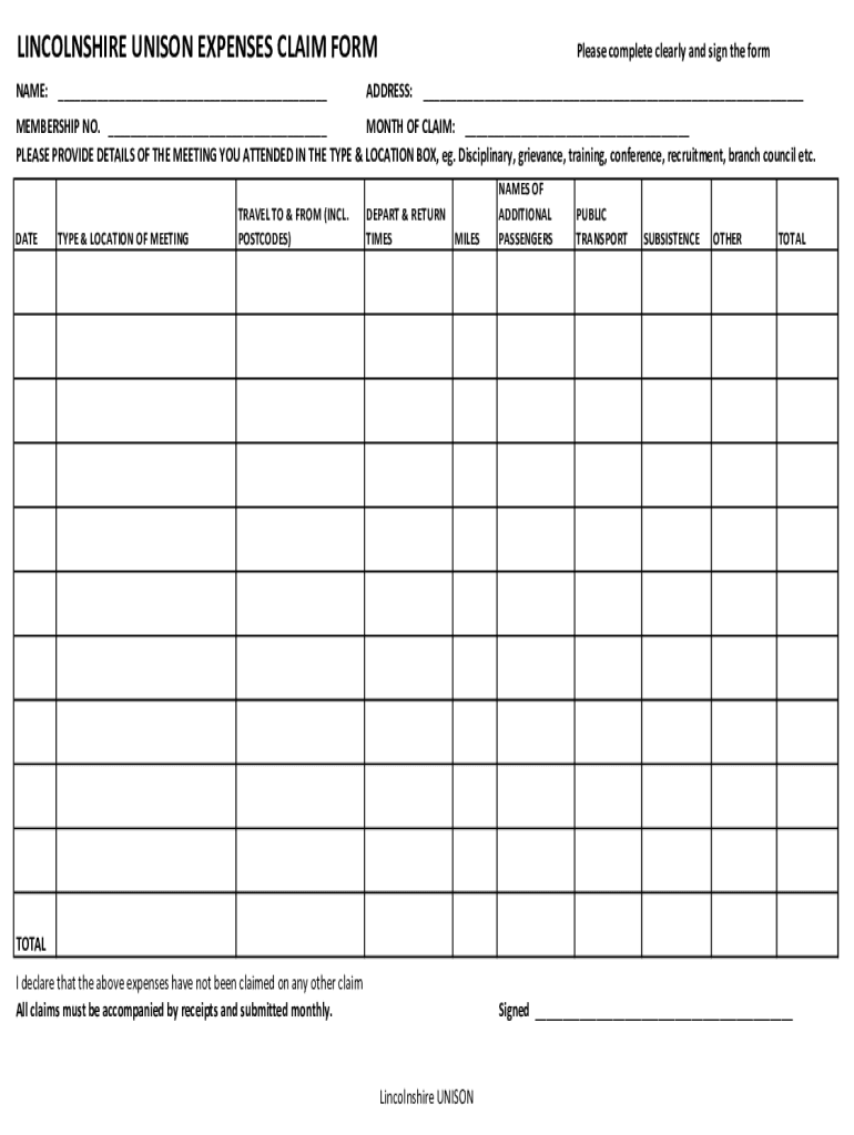 Fillable Online LINCOLNSHIRE UNISON EXPENSES CLAIM FORM Please complete ...