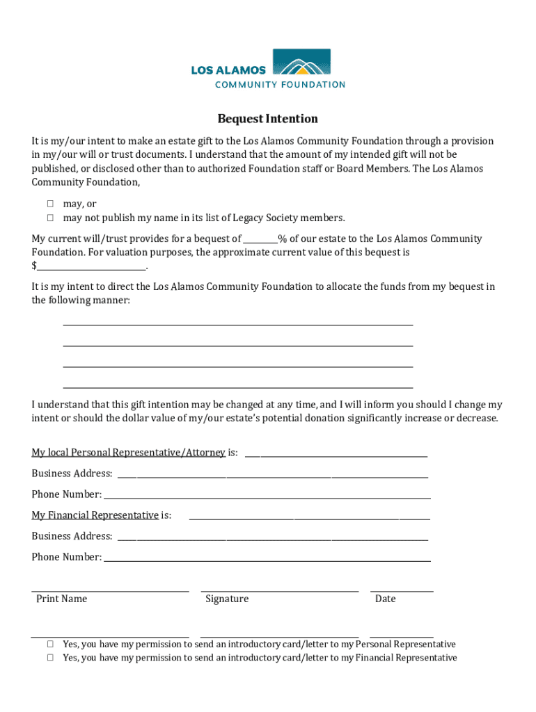 Fillable Online Bequest Intention Form - Nature Fax Email Print - pdfFiller