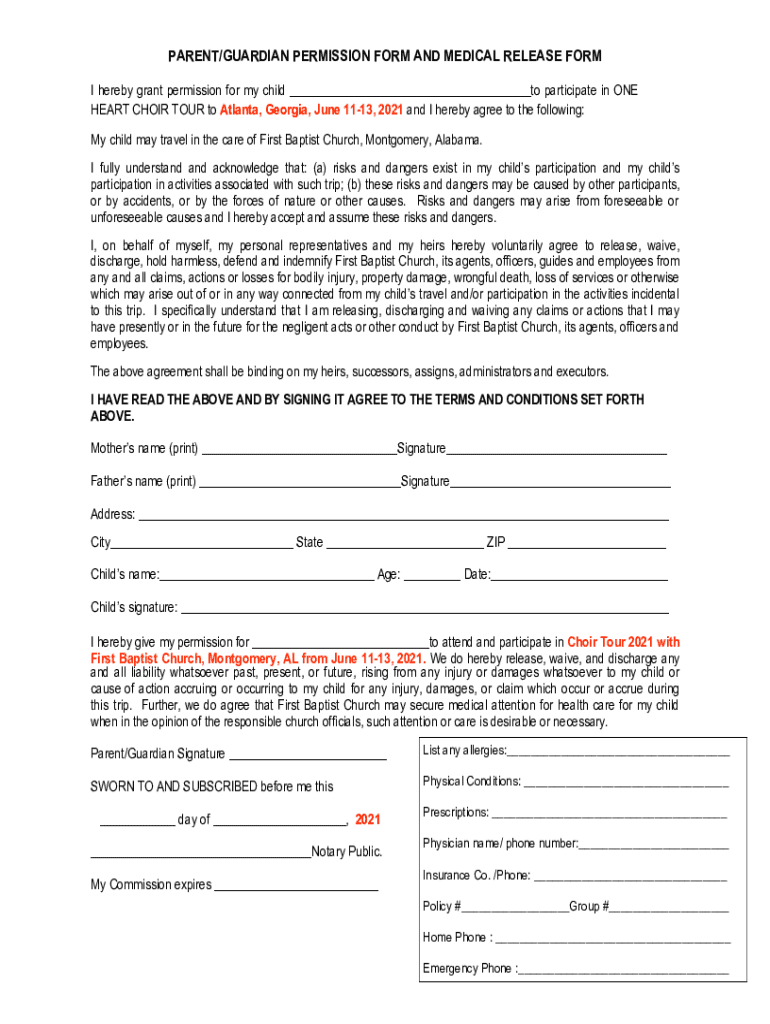 Fillable Online PARENT/GUARDIAN PERMISSION FORM AND MEDICAL RELEASE ...
