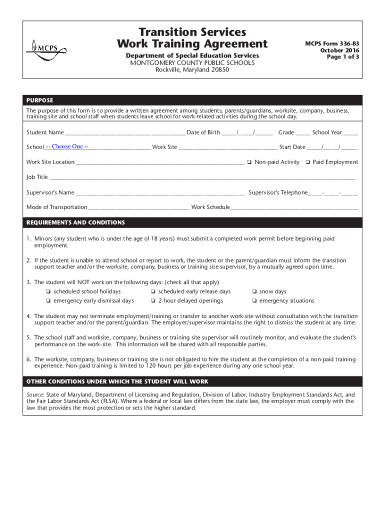 Fillable Online Transition Services Work Training Agreement MCPS Form 336-83 Fax Email Print ...