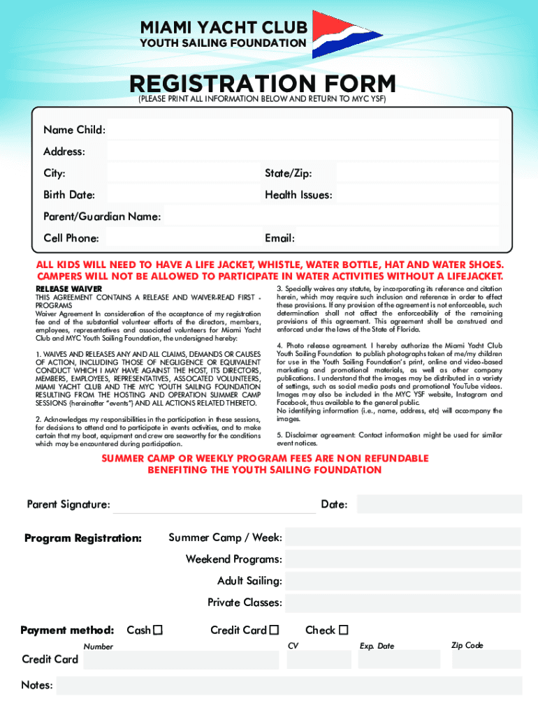 Fillable Online REGISTRATION FORM - Miami Yacht Club. Youth Sailing ...