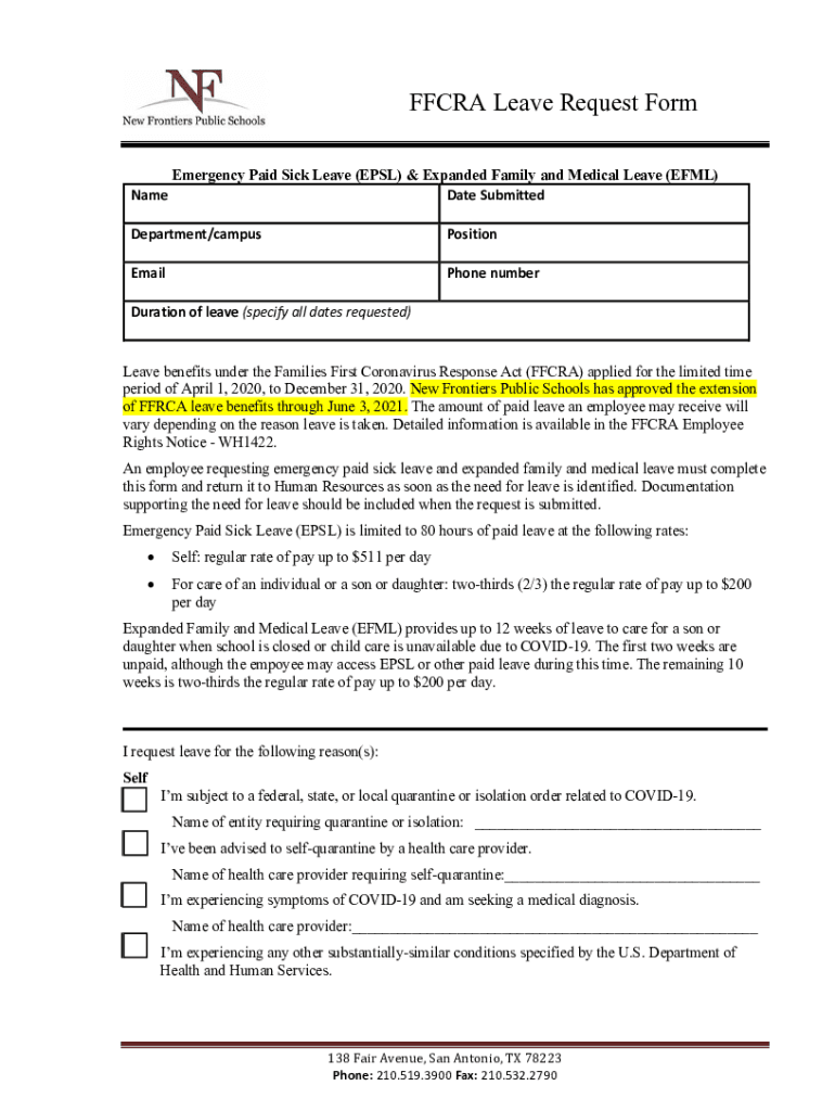 Fillable Online NEW FRONTIERS PUBLIC SCHOOLS FFCRA LEAVE REQUEST FORM ...
