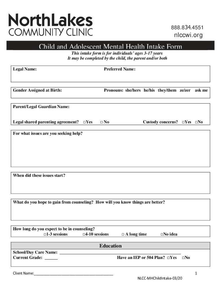 Fillable Online Adult Mental Health Intake Form - nlccwi.org Fax Email ...
