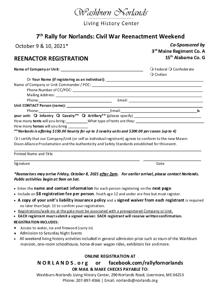 Fillable Online 7 Rally for Norlands: Civil War Reenactment Weekend Fax ...