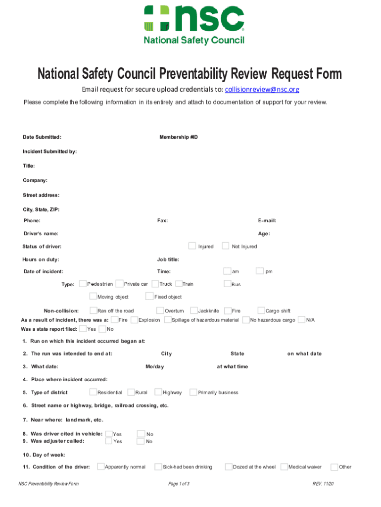 Fillable Online National Safety Council Preventability Review Request ...