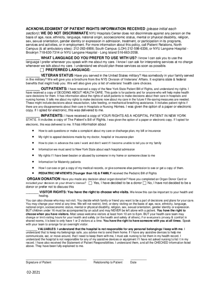 Fillable Online ACKNOWLEDGMENT OF PATIENT RIGHTS INFORMATION RECEIVED ...