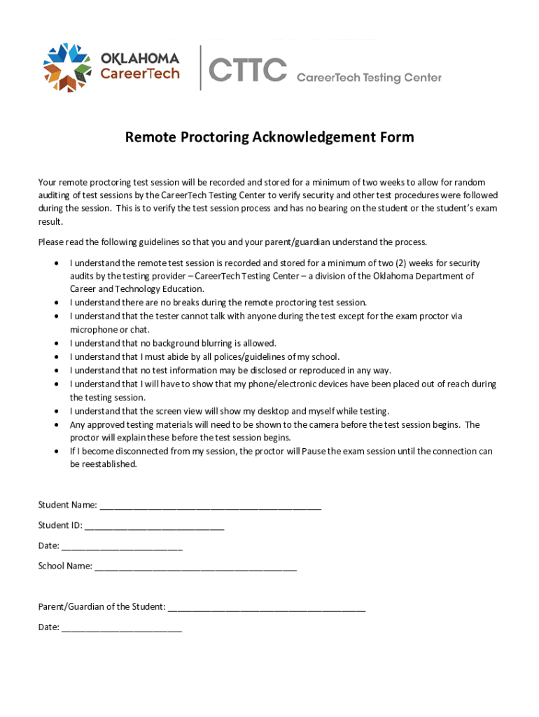 Fillable Online Remote Proctoring Acknowledgement Form Fax Email Print - pdfFiller