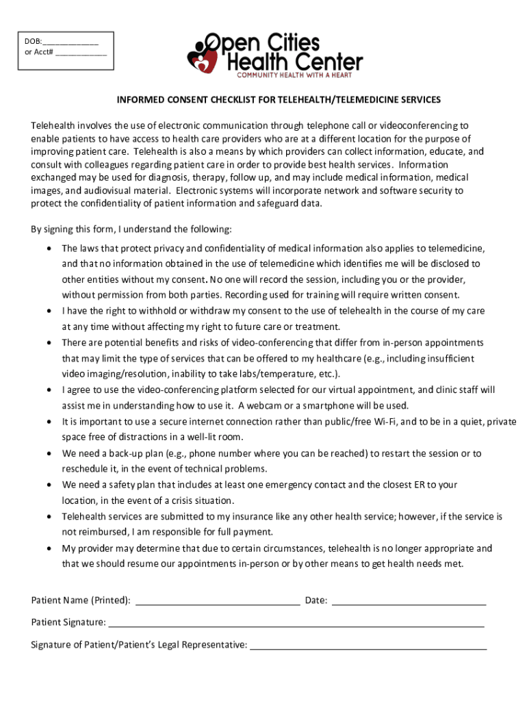 Fillable Online INFORMED CONSENT CHECKLIST FOR TELEHEALTH/TELEMEDICINE ...