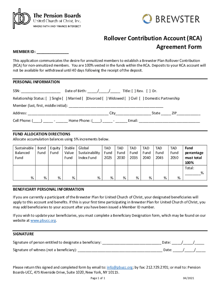 Fillable Online Rollover Contribution Account (RCA) Agreement Form Fax ...