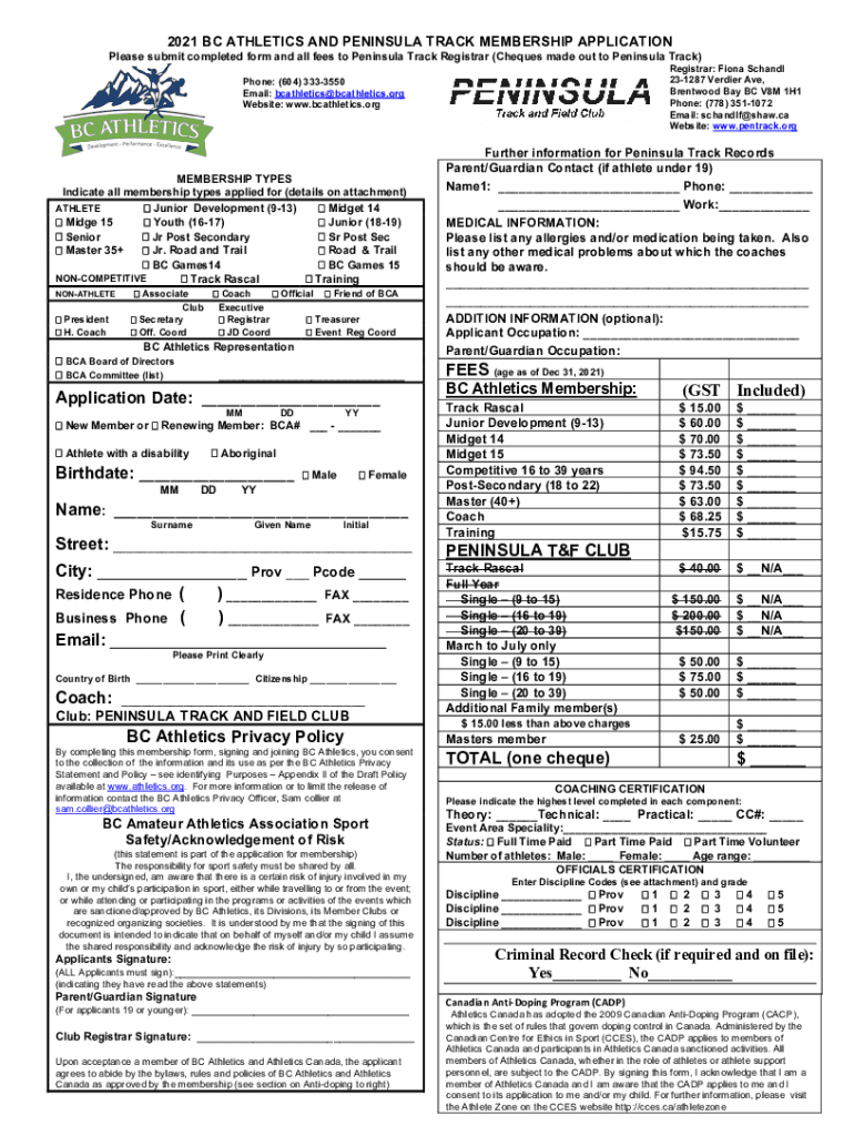 Fillable Online 2021 BC ATHLETICS AND PENINSULA TRACK MEMBERSHIP ...