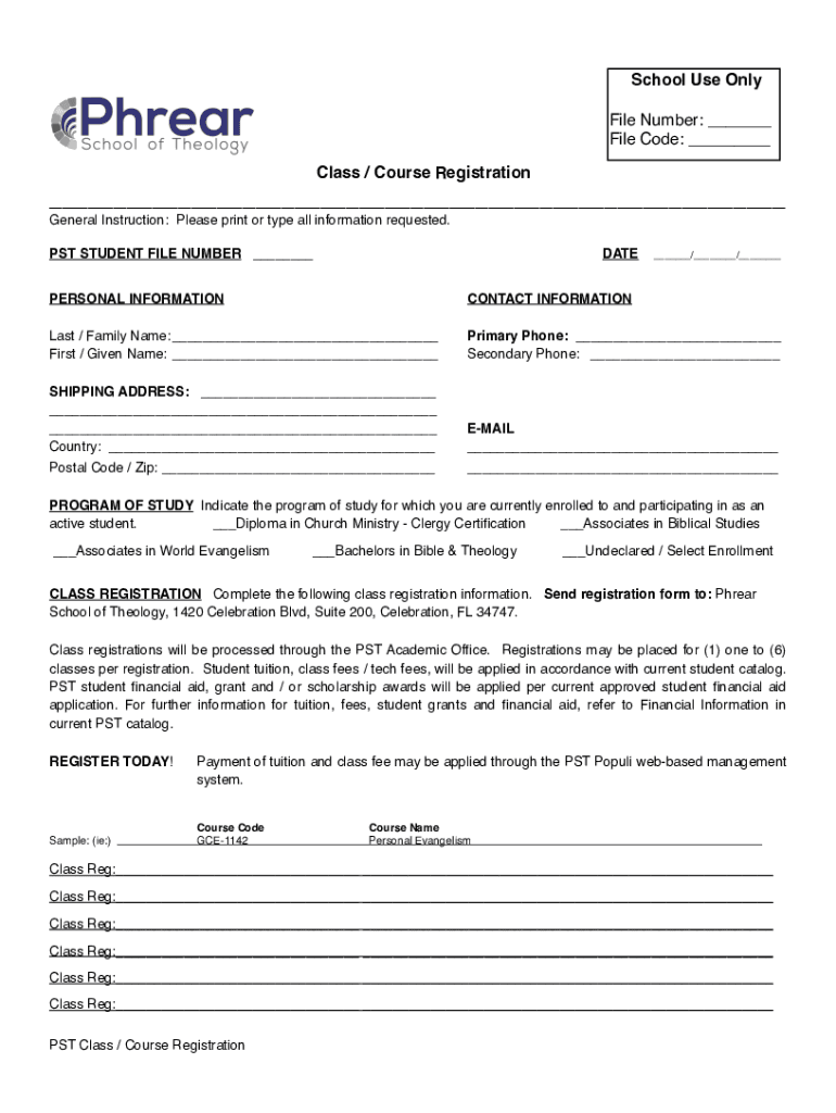 Fillable Online PST.Home.Admissions.PST Class Registration Form.05/19 ...