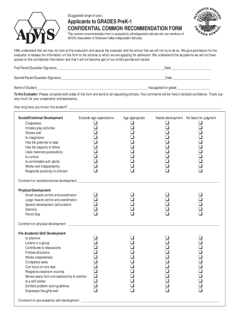 Fillable Online (Suggested range of use:) Applicants to GRADES PreK-1 ... - ADVIS Fax Email ...