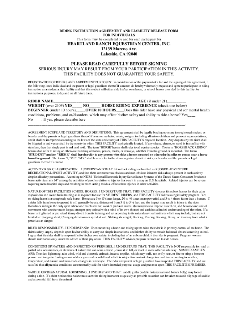 Fillable Online RIDING INSTRUCTION AGREEMENT AND LIABILITY RELEASE FORM ... Fax Email Print ...