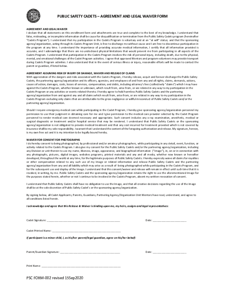 Fillable Online PUBLIC SAFETY CADETSAGREEMENT AND LEGAL WAIVER FORM Fax ...