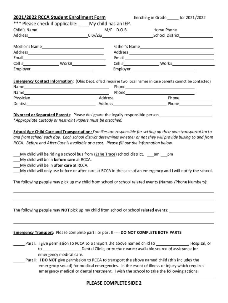 Fillable Online 2021/2022 RCCA Student Enrollment Form *** Please check ...