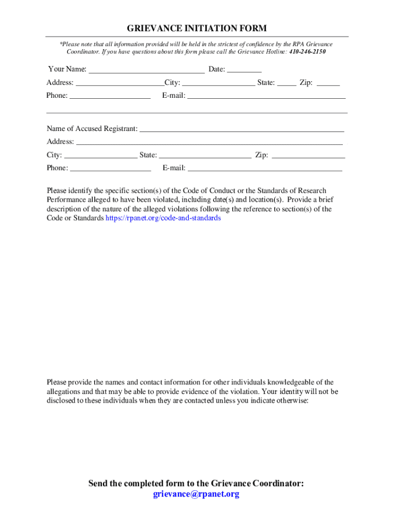 Fillable Online GRIEVANCE INITIATION FORM - Register of Professional ...