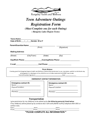 Fillable Online Teen Adventure Outings Registration Form Fax Email ...