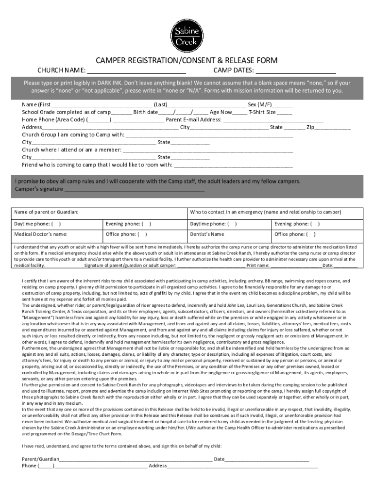 Fillable Online CAMPER REGISTRATION/CONSENT & RELEASE FORM - Sabine ...