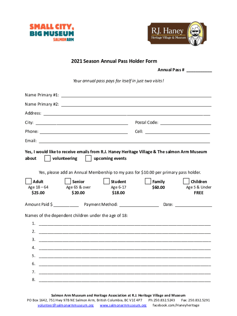 Fillable Online 2021 Season Annual Pass Holder Form - salmonarmmuseum ...