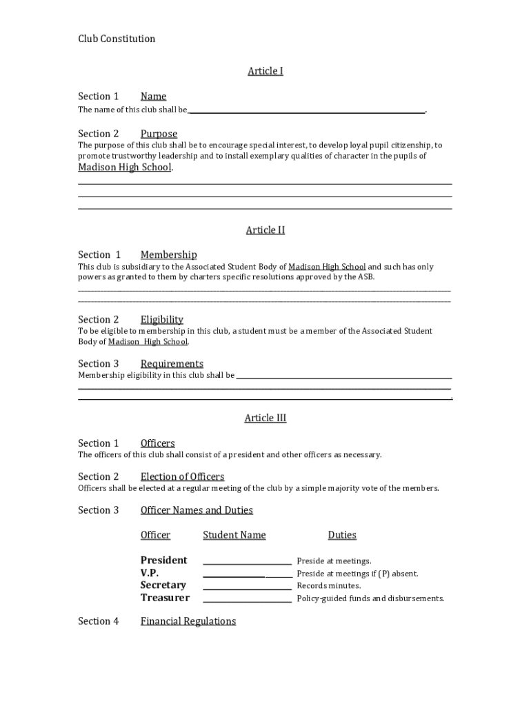 Fillable Online Sample Club Constitution and By-Laws - University of ...