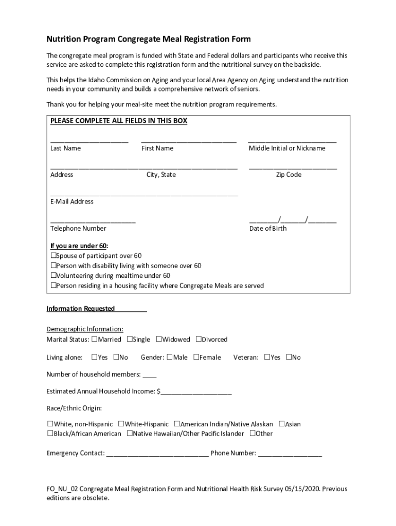 Fillable Online Nutrition Program Congregate Meal Registration Form Fax ...