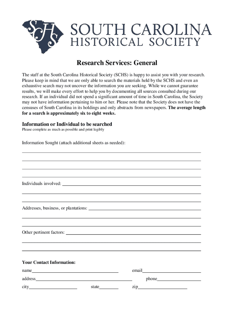 Fillable Online Genealogical Research Services - South Carolina Historical Society Fax Email ...
