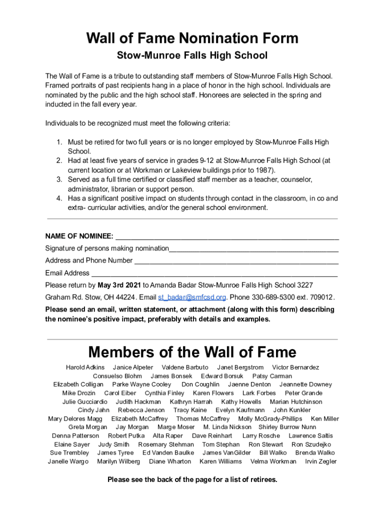 Fillable Online Fillable Online wall of fame nomination form - Stow ...