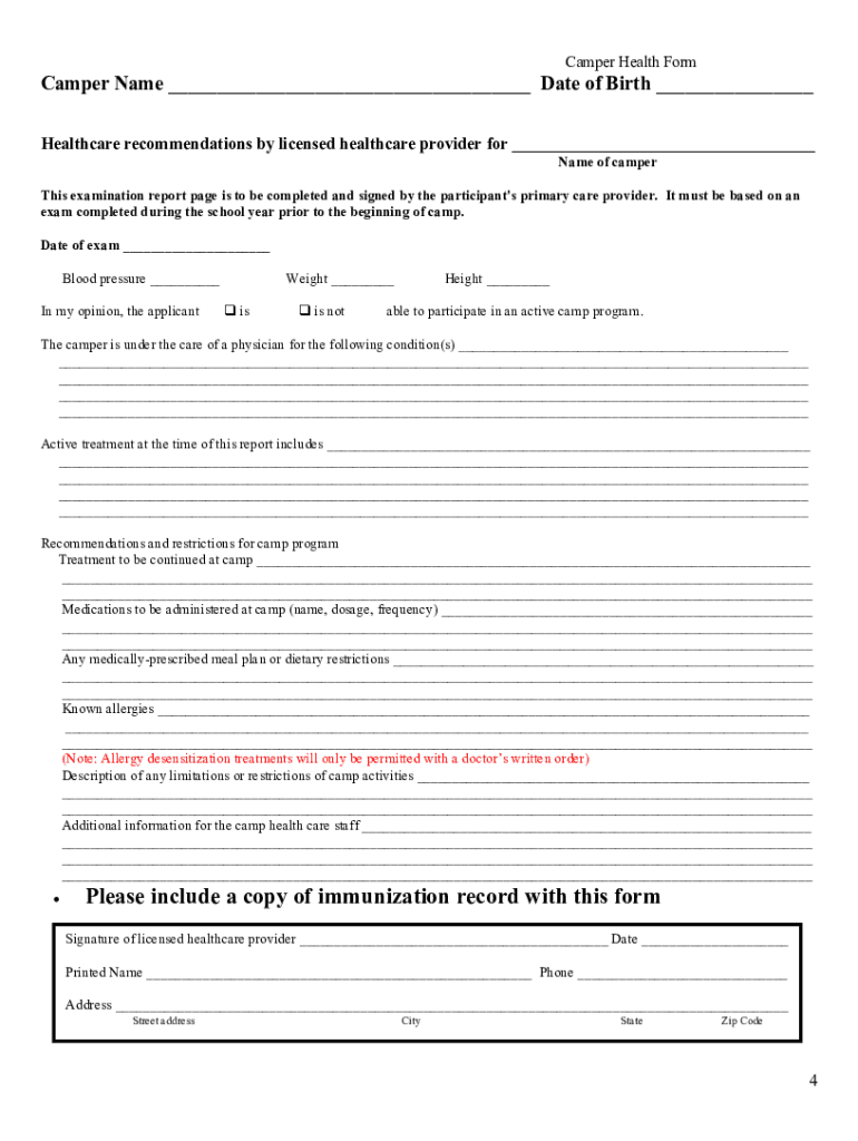 Fillable Online CAMPER HEALTH-CARE RECOMMENDATIONS by LICENSED MEDICAL ...