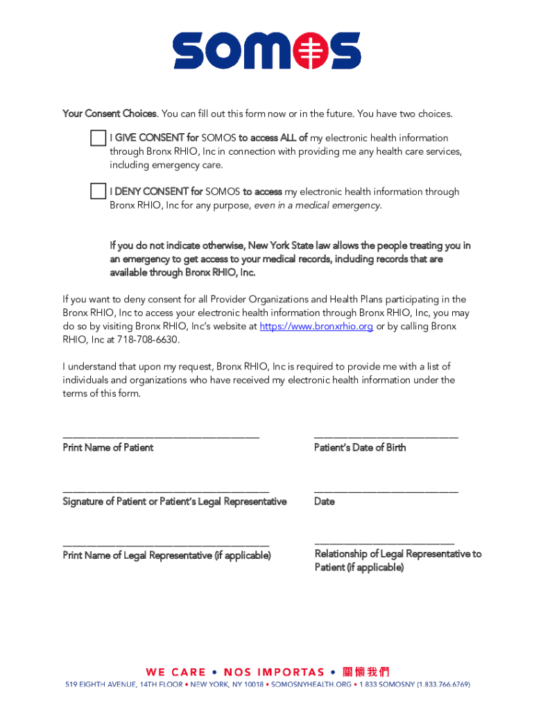 Fillable Online RHIO CONSENT FORM BRONX RHIO, INC - SOMOS Community ...